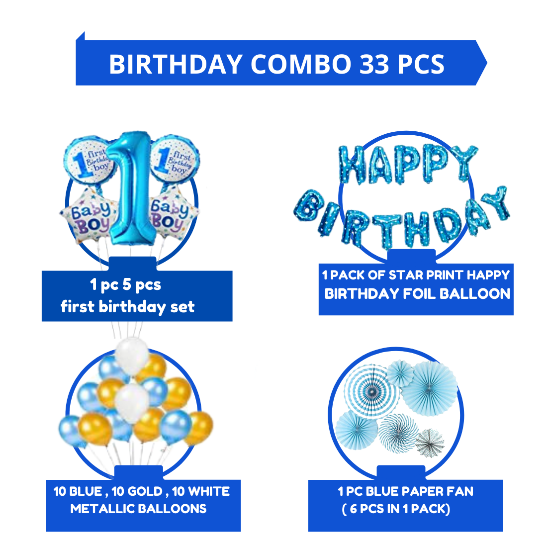 BubbleTrouble.in Happy Birthday Decoration Kit Pack of 33 Combo with 1 ...