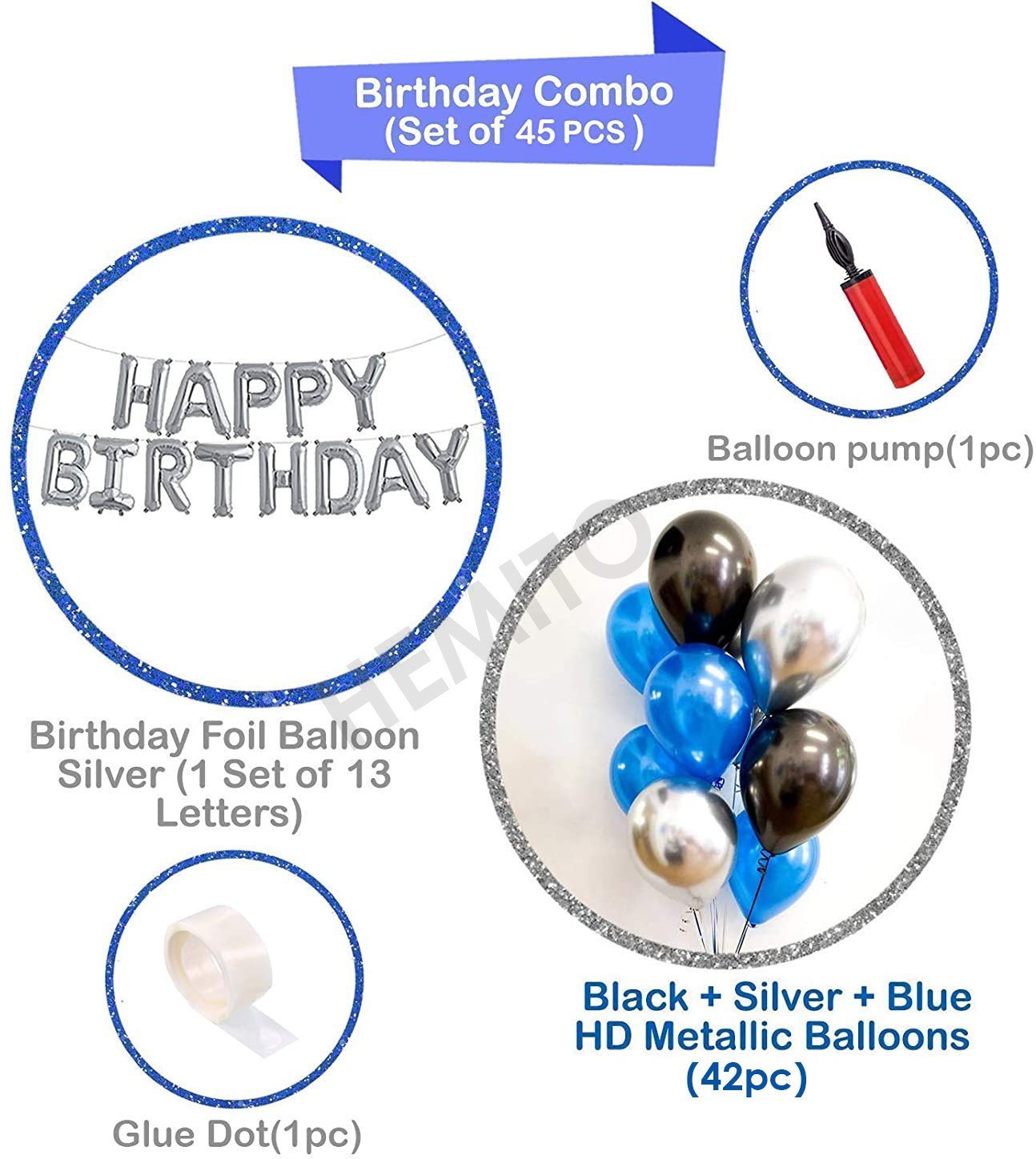 BubbleTrouble.in 45 Pcs Combo -Blue, Black and Silver Metallic Balloons ...